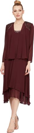 S.L. Fashions Womens Embellished Chiffon Tiered Jacket Dress, Fig Petite, 12P