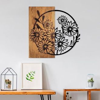 Wallity Elegant Decorative Wooden Wall Accessory, 57 x 57 cm | 100% Real Wood (3 cm) & Metal (1.5 mm) | Unique Walnut & Black Finish, Perfect for Home Decor