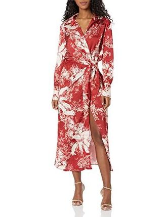 Guess Guess Robe midi pour Femme &agrave; imprim&eacute; Floral Rouge | Taille : XL | Coupe Droite Robe Portefeuille &agrave; Manches Longues avec noeud