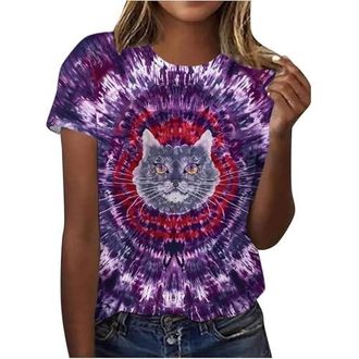 Generic T-shirt tie-dye pour femme avec imprim&eacute; animal - Costume de carnaval - F&ecirc;te amusante - Motif chat et vache - T-shirt &agrave; manches courtes et col rond - H