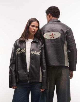 Reclaimed Vintage Unisex-Jacke in Lederoptik mit Branding-Schwarz