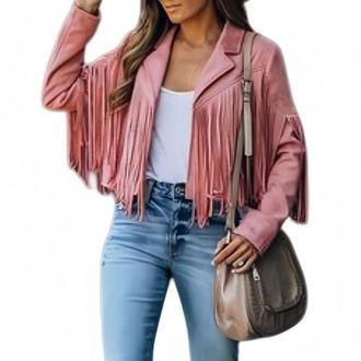 Generic Veste cardigan &agrave; franges tendance pour femme, veste courte &agrave; franges occidentales &agrave; pompons, manteaux courts pour moto, rose, XL