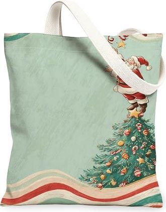 Generic Sacs fourre-tout en toile motif sapin de No&euml;l, sacs &agrave; provisions r&eacute;utilisables, vintage, r&eacute;tro, l&eacute;gers, lavables &agrave; l&eacute;paule S, vert, 13x15 Inch