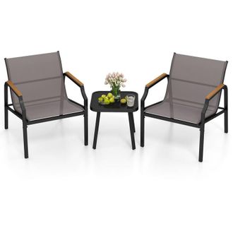 Costway Costway - Salon de Jardin, Ensemble de 2 Chaises et Table avec Cadre M&eacute;tallique, Si&egrave;ge en Tissu Respirant et Accoudoirs en Bois-Plastique