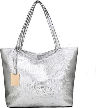 Generic Sac fourre-tout grande capacit&eacute; pour femme avec fermeture &eacute;clair Motif crocodile Sac &agrave; main en cuir brillant Sac &agrave; bandouli&egrave;re, Argent&eacute;., Large