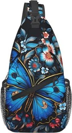 Generic Sacoche Homme Bandouliere Motif papillon fleur bleue Antivol Sling Sac &agrave; Bandouli&egrave;re Durable Sac &agrave; Poitrine pour Cyclisme &eacute;cole Randonn&eacute;e