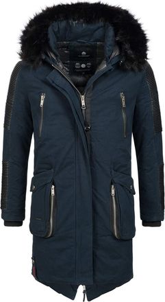 Marikoo Herren Winter Jacke Winterjacke Parka warm lang Kunstfell Biker B644 [B644-Warrior-Navy-Gr.S]
