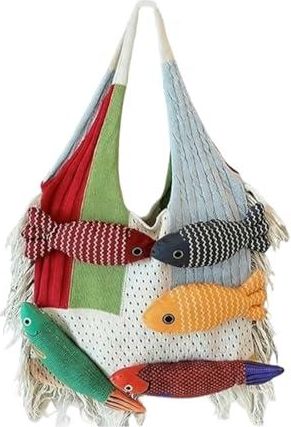 Generic 3D Fish Knitted Tote Bag,Cute Cartoon Fish Patchwork Shoulder Bags,Large Capacity Bohemian Hobo Handbag for Travel Vacation (E)