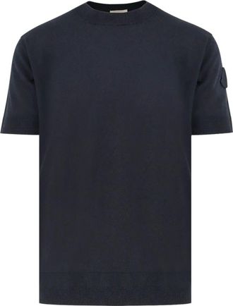 Moncler Homme, Tops, Bleu, Taille: 2XL Pull Bleu Manches Courtes Soie Coton