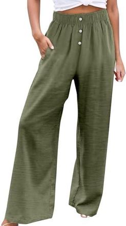 Generic Pantalon en coton et lin pour femme - Jambe large - Pantalon de plage d&eacute;t&eacute; pour femme - Confortable - Pantalon de yoga Palazzo XIYU26038, Vert, 4XL
