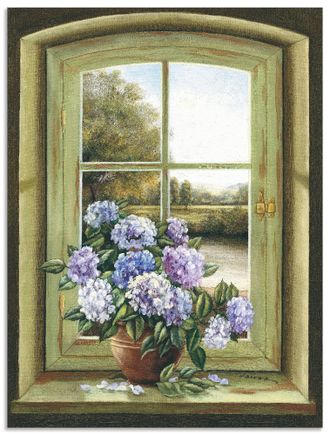 Artland ARTland Wanddeko Wandbild Alu Verbundplatte für Innen & Outdoor Bild 60x80 cm Stillleben Arrangements Botanik Malerei Grün Hortensien am Fenster A7BK