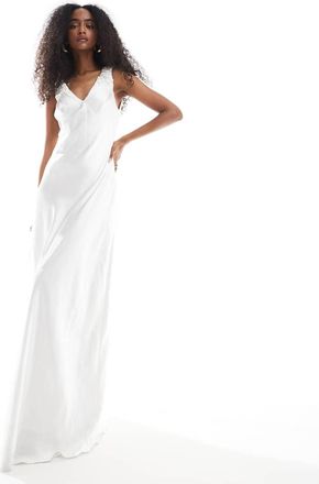 Six Stories Robe de mariée longue en satin à détails froncés - Blanc doux