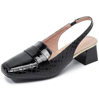 Generic Mary Jane Slingback Chaussures &agrave; talon bas pour femme, bout carr&eacute;, talon de 5,1 cm, chaussures habill&eacute;es en cuir verni pour le travail, Noir, 40.5 EU