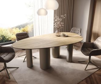 DELIFE Esstisch Edge Oval 220x120 Keramik Laminam Sabbia Eichefarbig Pilier Metall Effektfinish Titan, Esstische