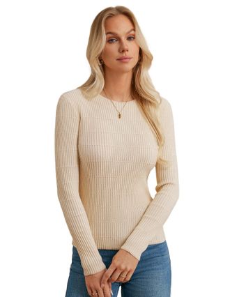Grace Karin Damen Basic Langarmshirt mit Rundhalsausschnitt lose D&uuml;nner Gerippt Pullover Oberteile Herbst Hellbeige XXL