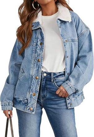 Generic Veste en jean pour femme, col sherpa, col en fausse fourrure, manteau jean chaud, veste trucker d&eacute;contract&eacute;e, bleu clair, taille L