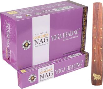 Generic Räucherstäbchen Golden Nag Yoga Healing, 12 Schachteln à 15 g, Meditation Aroma Gesundheit mit Räucherstäbchenhalter aus Holz