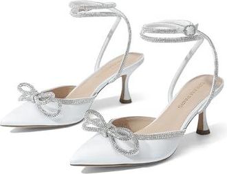 Dream Pairs Escarpins Femme Petit Talon Slingback &Agrave; Bout Pointu avec Noeud Strass Et Bride Cheville - Chaussures De Soir&eacute;e Mariage C&eacute;r&eacute;monie,Size 41.5,Blanc,DWUMP