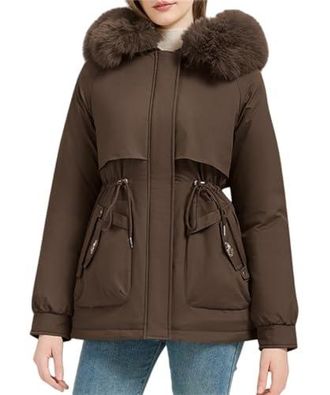 Generic Manteaux dhiver pour femmes, veste parka doublée en polaire, capuche amovible en fausse fourrure, cordon de serrage, fermeture éclair, poches, vêtemen