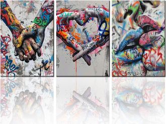 Tumovo Norse Art Classic Street Art Banksy Graffiti Gem&auml;lde Versprechen Halten H&auml;nde Wandkunst Adam Hand of God Pop Bilder 3 St&uuml;ck Leinwanddruck T HD Drucke 