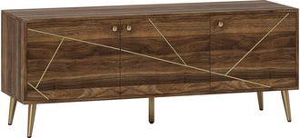 HOMCOM Meuble TV design 3 portes 2 étagères piètement effilé incliné acier poignées boutons lignes dorées effet bois