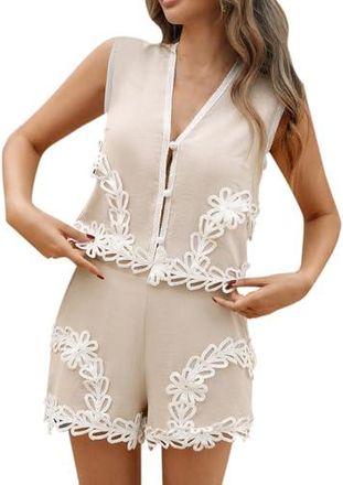 Generic Robes boh&egrave;me 2026 pour femmes et grandes filles, barboteuse bord&eacute;e de dentelle avec poches (nombreuses options), 7-16, beige, XL