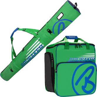 Brubaker Kombi Set Champion - Limited Edition - Skisack und Skischuhtasche für 1 Paar Ski bis 190 cm + Stöcke + Schuhe + Helm Grün Blau