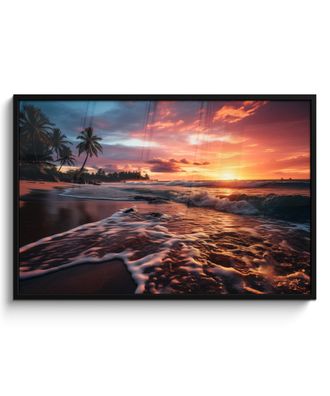 MuchoWow &copy; Wandbilder mit Rahmen 120x80 cm Wanddeko Bilder Wohnzimmer Moderne Zimmerdeko Geschenk Bilderrahmen Sonnenuntergang - Strand mit Palmen - Meer