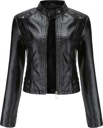 Generic Vestes en similicuir matelass&eacute; &agrave; manches longues pour femme - Manteaux &agrave; revers et fermeture &eacute;clair - Manteau de motard pour moto, Noir, 3XL