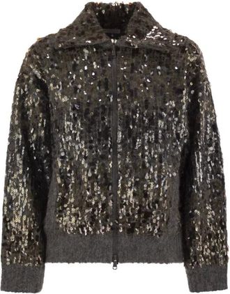 Brunello Cucinelli Femme, Vestes, Gris, Taille: 38 FR D&eacute;grad&eacute; Embroidery Cardigan