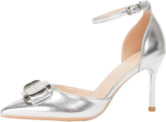 Generic Qynthra Escarpins De Mari&eacute;e Femme &Eacute;l&eacute;gant Talon Aiguille Bride Cheville Bout Pointu pour Mari&eacute;e Et C&eacute;r&eacute;monie Synth&eacute;tique Argent&eacute; &Eacute;tincelant,Silver (He