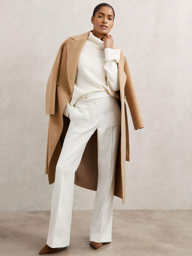 Reiss White Twill Button-tab Flared Trousers With Wool, 14L from £78.00 ...