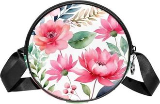 Generic Petit sac &agrave; bandouli&egrave;re circulaire pour femme, motif feuilles florales, sac &agrave; dos avec fermeture &eacute;clair, bretelles r&eacute;glables, sac &agrave; main rond d&eacute;contra