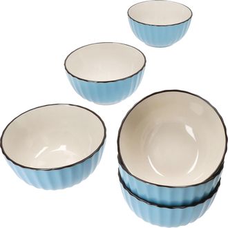 Mäser OSITA Hellblau-Weiß 6er Set Müslischale I 450ml I blau & cremefarbene Steingut-Schüssel mit Linien-Relief für 6 Personen I Schälchen für Salat, Suppe,