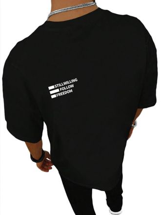 TOMWELL Oversized Tshirt Herren Rundhals Kurzarm Lose Sommer Oberteile Mode T-Shirt mit Backprint Vintage Drucken Streetwear Sport Casual Lang Tops D Schwarz 