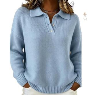 Generic Pull classique &agrave; col en V boutonn&eacute; pour femme - Couleur unie - Automne et hiver, bleu ciel, 3XL