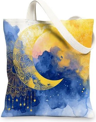 Generic Sacs fourre-tout en toile motif céleste, sacs dépicerie réutilisables, bohèmes légers et lavables avec bandoulière, bleu, 13x15 Inch