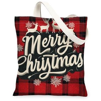 Generic Sacs fourre-tout de No&euml;l en toile &agrave; carreaux rustiques, r&eacute;utilisables, vintage, l&eacute;gers et lavables avec bandouli&egrave;re pour lext&eacute;rieur, les voyages, les 