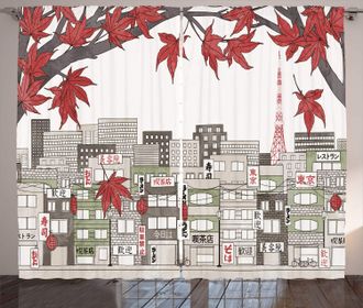 Abakuhaus Tokyo Rustikaler Gardine, Japanische Stadt Art Panorama, Wohnzimmer Universalband Gardinen mit Schlaufen und Haken, 280 x 175 cm, Coconut Red