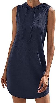 Onsoyours Robe Sweat Pull Robe Dété pour Femmes Robe à Capuche Décontracté Couleur Unie Robe de Sueur Lâche Sweat à Capuche à sans Manches Sweat à Cordon de Ser