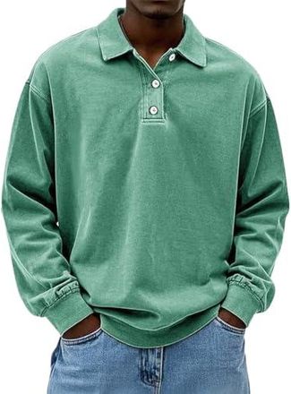 Generic Chandails en polaire pour homme, chemises &agrave; manches longues en coton &agrave; col standard 1/4 de bouton, coupe d&eacute;contract&eacute;e, couleur unie, haut thermique d&eacute;