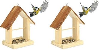 Relaxdays Vogelfutterhaus Holz, Vogelhaus zum Aufh&auml;ngen, HBT: 27 x 23 x 13 cm, Rinde, Futterstelle f&uuml;r Wildv&ouml;gel, Natur (Packung mit 2)