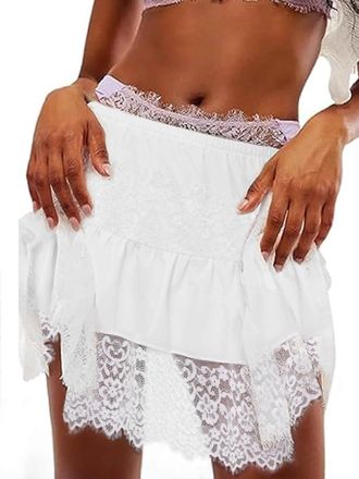 Allegra K Damen Spitzen Patchwork Rock Elastische Taille &uuml;ber dem Knie Stufenrock Wei&szlig; L