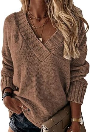Minetom Femme Pull en Tricot Col en V Pullover Couleur Unie Léger Casual Manches Longues Pull Tricoté Chaud Hauts Chandail Automne Hiver A Café 3XL