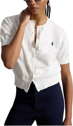 Polo Ralph Lauren Femme, Pulls, Blanc, Taille: 42 FR Cardigan &agrave; manches courtes en m&eacute;lange de coton