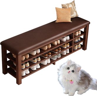 Generic Hölzerne Eingangsschuh Rackbank mit Aufbewahrung gepolsterter Sitz Kleiner Eingangsbank für Hall Mudroom Foyer Schuhschrank Organisator braun 100cm