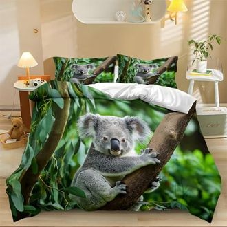 Generic Housse de Couette Animaux Koala 220 x 240 cm Gris Fermeture Éclair Housse Couette en Microfibre avec 2 Taie doreiller 65x65 cm
