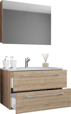 VCM 3-TLG. Waschplatz Waschtisch | Waschbecken Unterschrank Breite 80 cm | Badm&ouml;bel Set h&auml;ngend mit Zwei Schubladen Spiegelschrank | Badinos