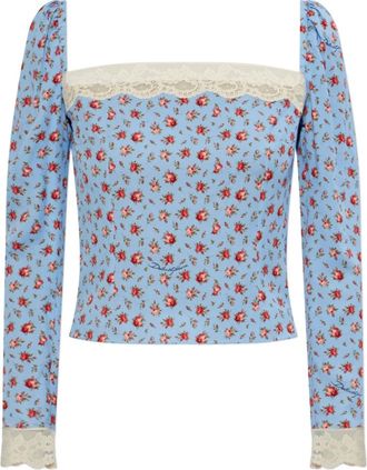 Dolce & Gabbana Femme, Blouses et Chemises, Bleu, Taille: 38 FR Haut &agrave; imprim&eacute; floral et bordure en dentelle