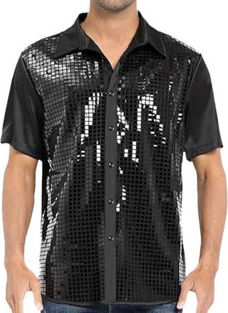 Generic Chemise &agrave; manches courtes pour homme avec col &agrave; revers scintillant - Chemise boutonn&eacute;e &agrave; paillettes - Coupe d&eacute;contract&eacute;e et confortable - V&ecirc;tements de